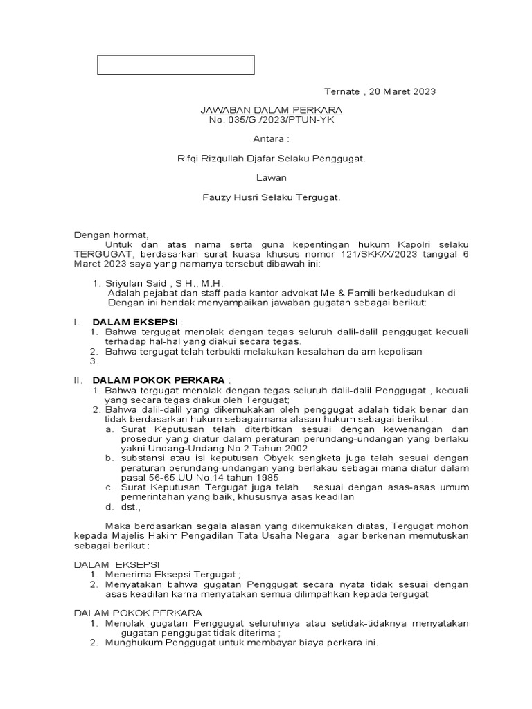 Contoh Surat Jawaban Tergugat | PDF