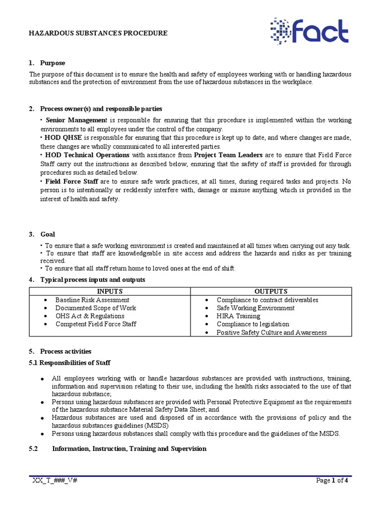 Hazardous Substances - Safe Work Procedure | PDF | Dangerous Goods ...