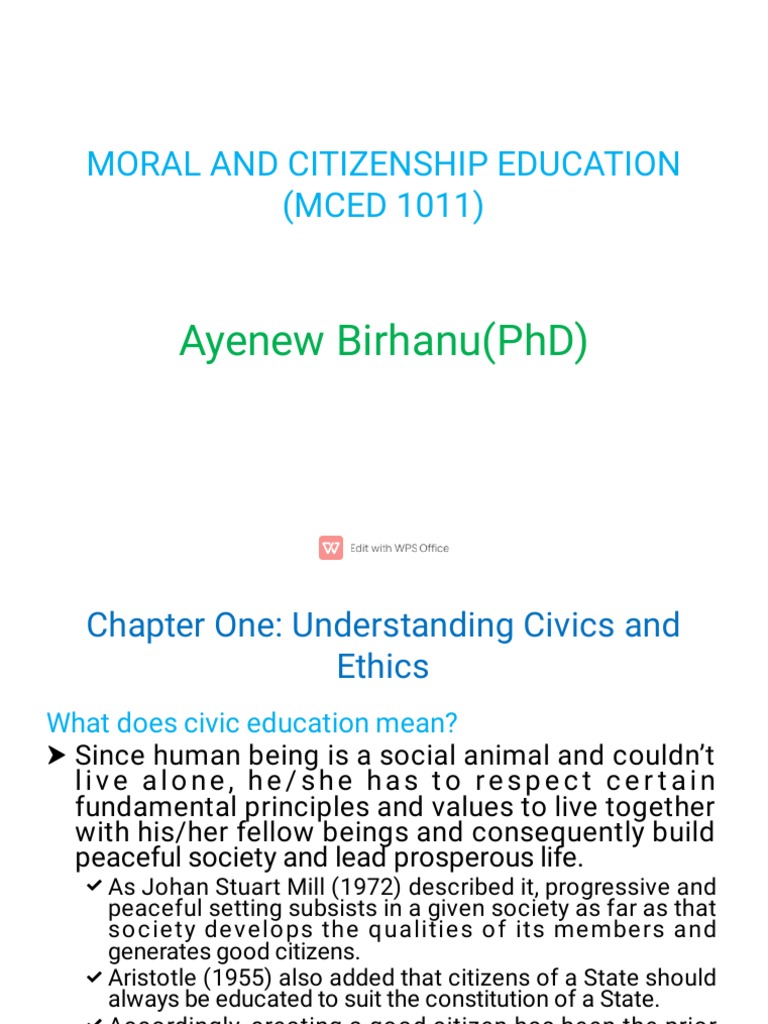 Moral and Citizenship Education (Mced 1011) : Ayenew Birhanu (PHD) | PDF | Morality | Civics