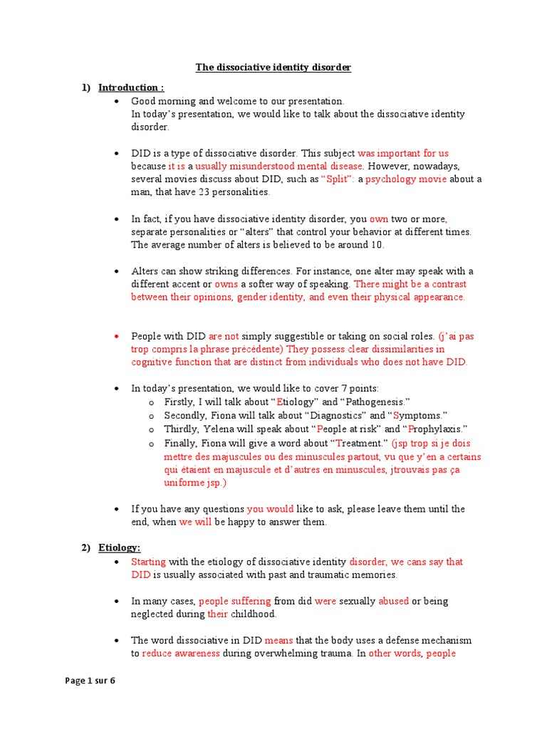 The Dissociative Identity Disorder 1) Introduction:: Page 1 Sur 6 | PDF ...