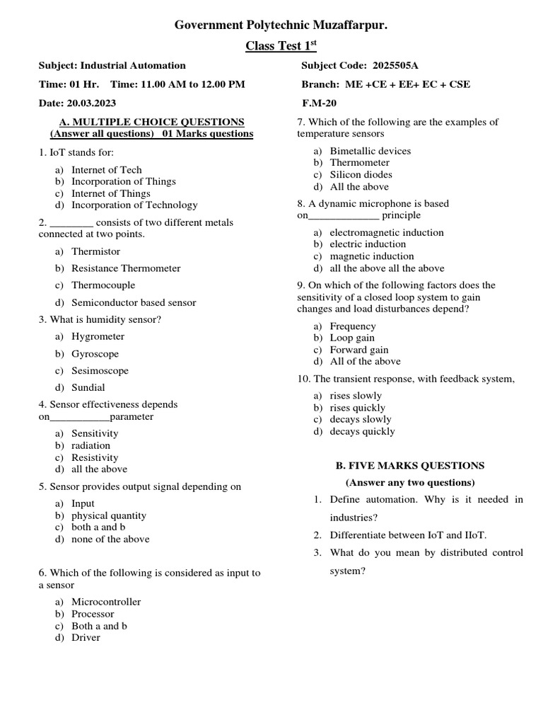 COE Class Test Question-1 | PDF | Sensor | Thermometer