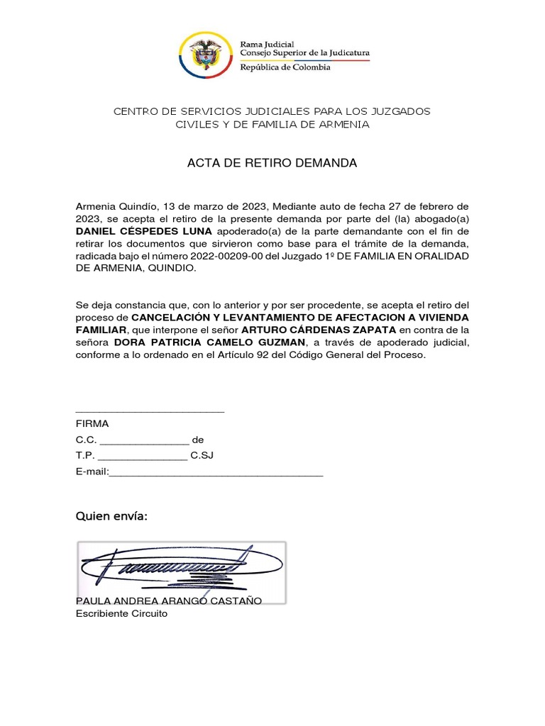 Acta de Retiro Demanda 2022-00209 | PDF