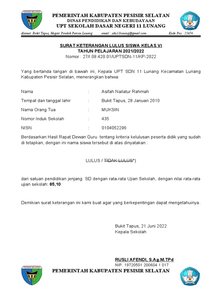 Surat Keterangan Lulus | PDF