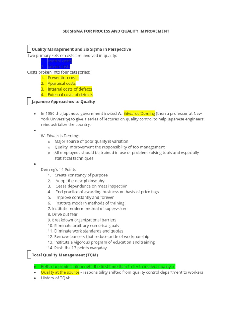 Six-Sigma-for-Process-and-Quality-Improvement OM AND TQM | PDF | Six ...