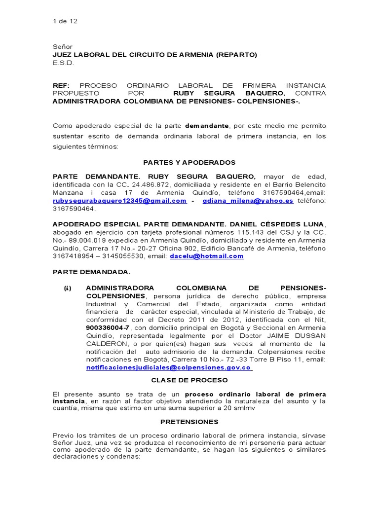 Ruby Sequira Baquero - Demanda Laboral Con Anexos - Ok | PDF | Pensión ...