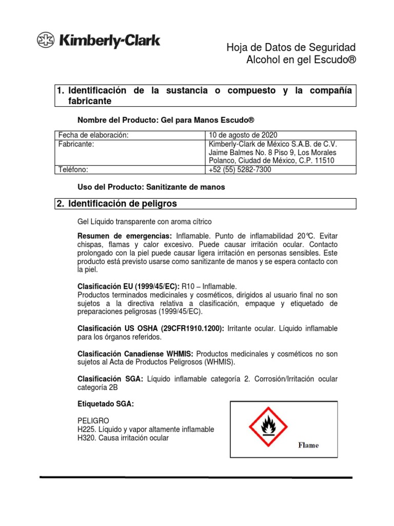 Hoja de Datos de Seguridad Alcohol en Gel | PDF | Etanol | Agua