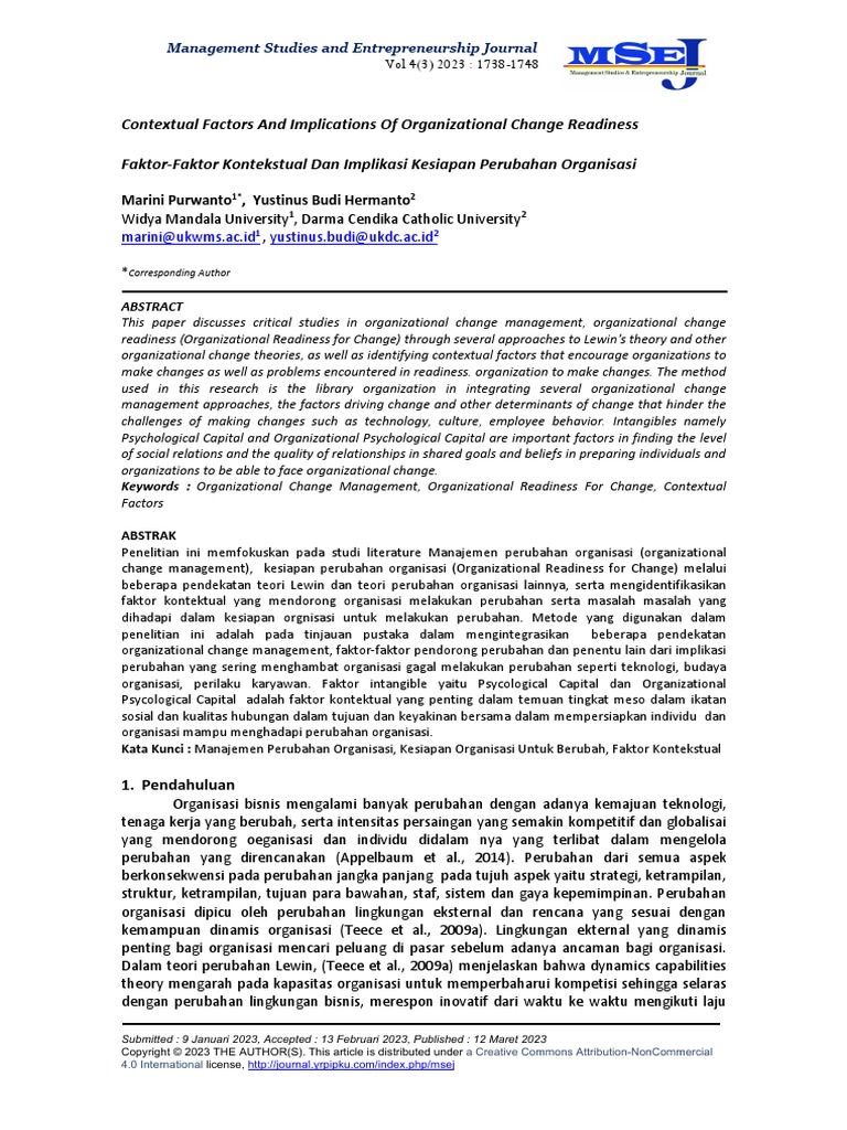 Contextual Factors and Implications of Organizational Change Readiness Faktor-Faktor Kontekstual ...
