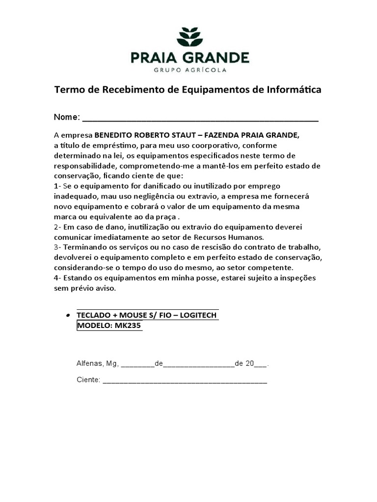 Termo de Entrega de Equipamento | PDF