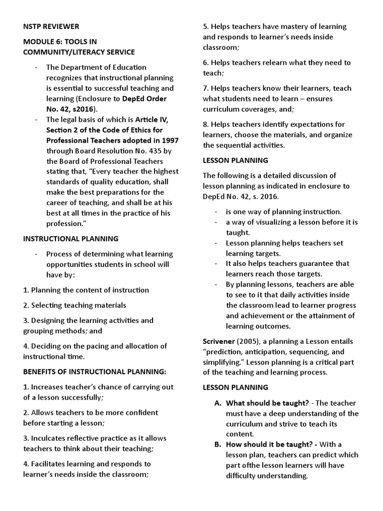 NSTP Reviewer 2 | PDF | Teachers | Literacy