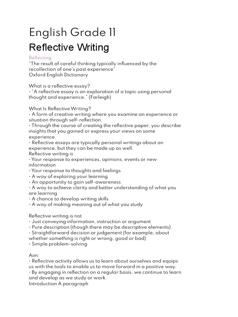 English Grade 11 Reflective Writing: Re Ecting | PDF | Essays | Experience