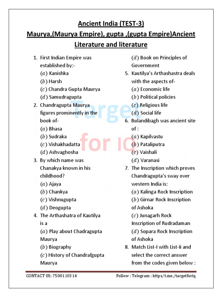 Ancient India (TEST-3) Maurya, (Maurya Empire), Gupta, (Gupta Empire ...