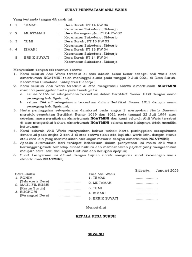 Surat Pernyataan Ahli Waris (Format Desa) 2 | PDF