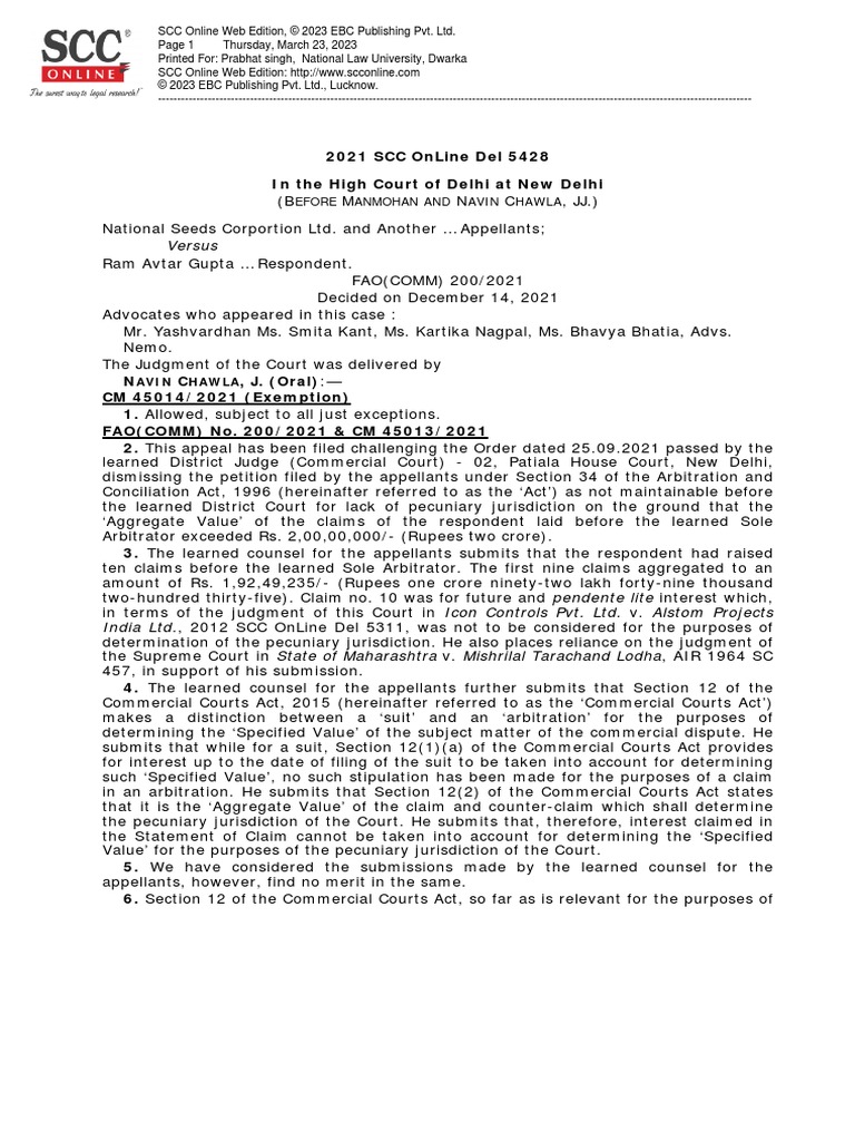 J 2021 SCC OnLine Del 5428 Prabhatsingh19 Nludelhiacin 20230323 132257 1 3 | PDF | Lawsuit ...