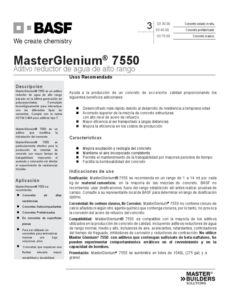 MasterGlenium 7550 Tds SP | PDF | Hormigón | Materiales