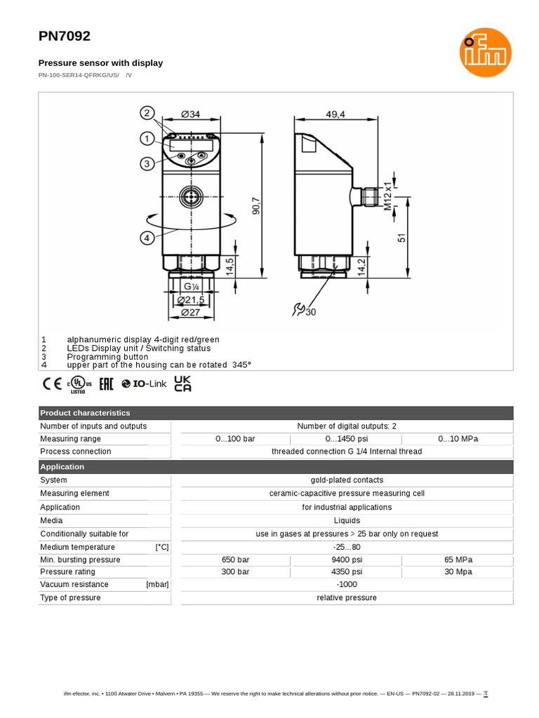 PN7092 Pressure Sensor Display | PDF | Physical Quantities | Metrology
