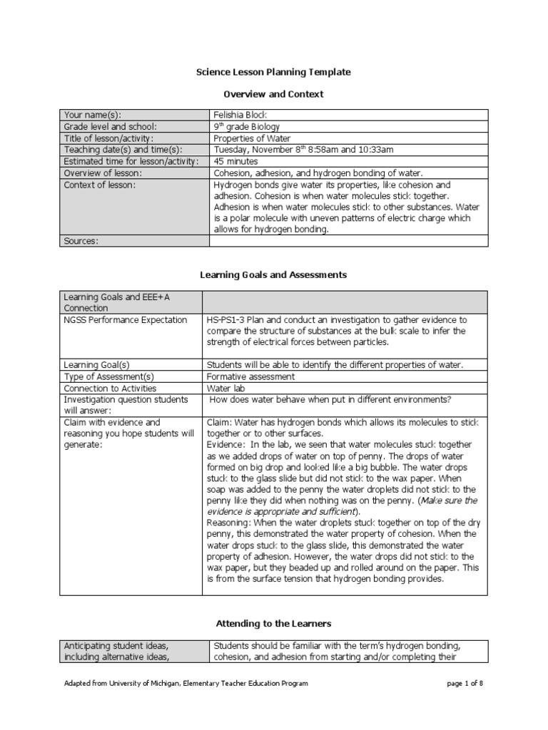9th Grade Biology Water Properties Lesson | PDF | Chemical Polarity ...