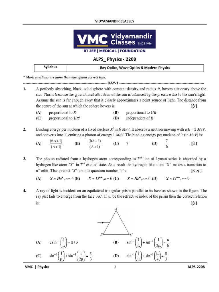 Physics Advanced Level Problem Solving (ALPS-8) - Paper | PDF | Atomic Nucleus | Proton