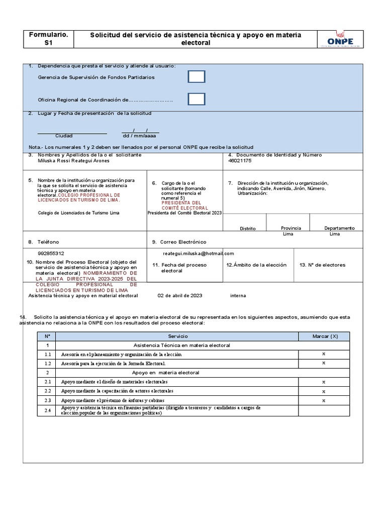 Formulario. S1 Solicitud Del Servicio de Asistencia Técnica y Apoyo en ...