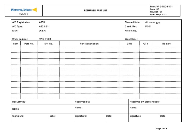 Returned Parts List for Aircraft A278, an Airbus A321-211, Detailing ...