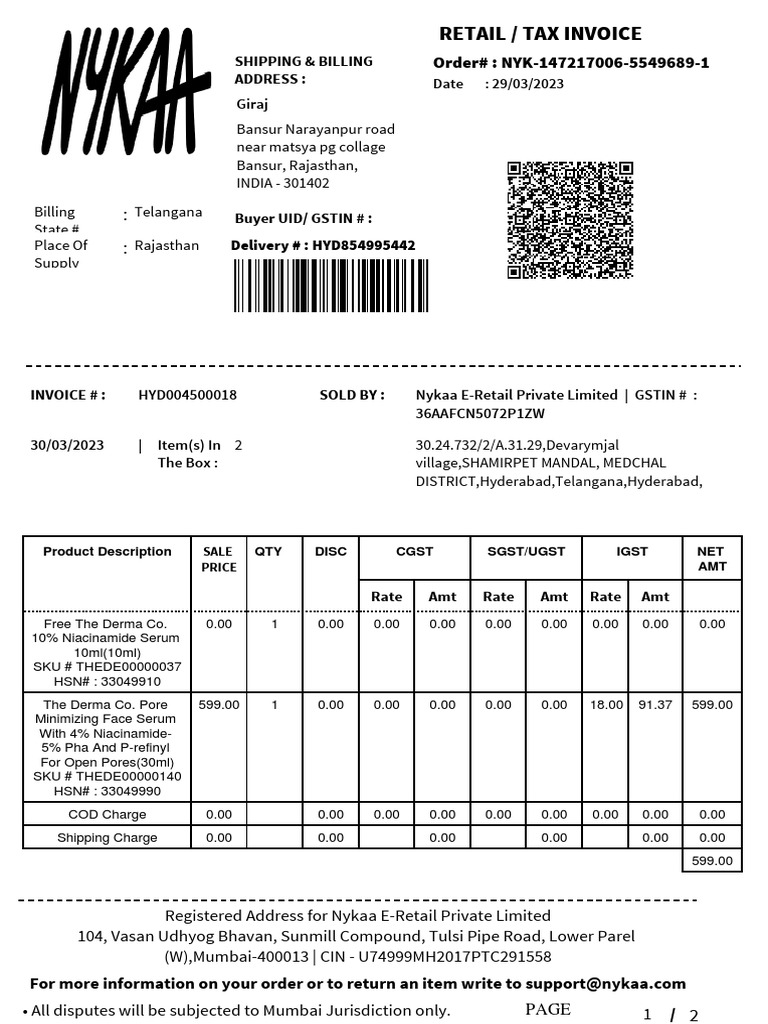Online Cosmetics Order and Tax Invoice from Nykaa E-Retail Private ...