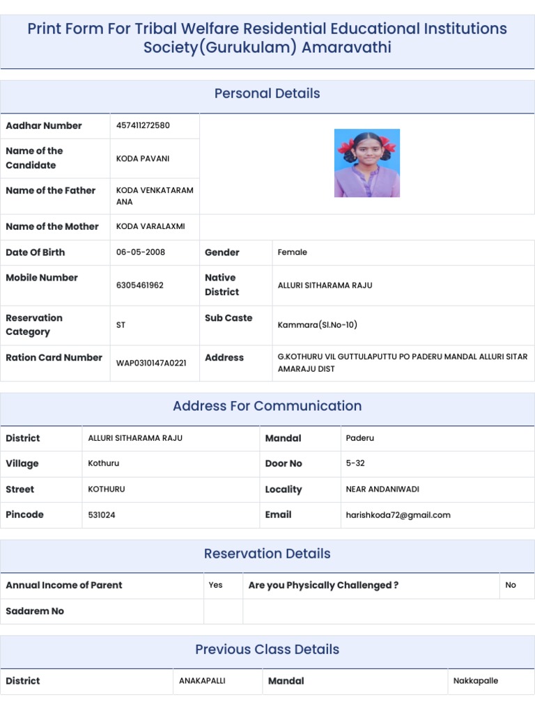 Print Form For Tribal Welfare Residential Educational Institutions ...
