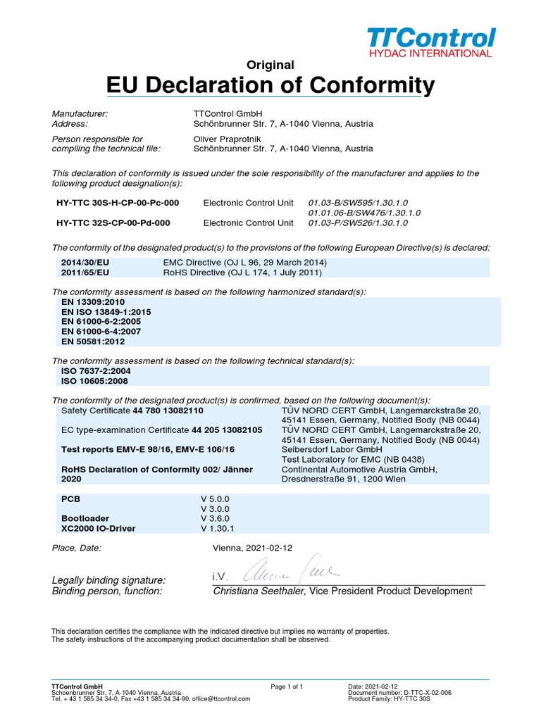 HY-TTC 30 Family EC Declaration of Conformity HY-TTC 30S | PDF | European Union | European Union Law