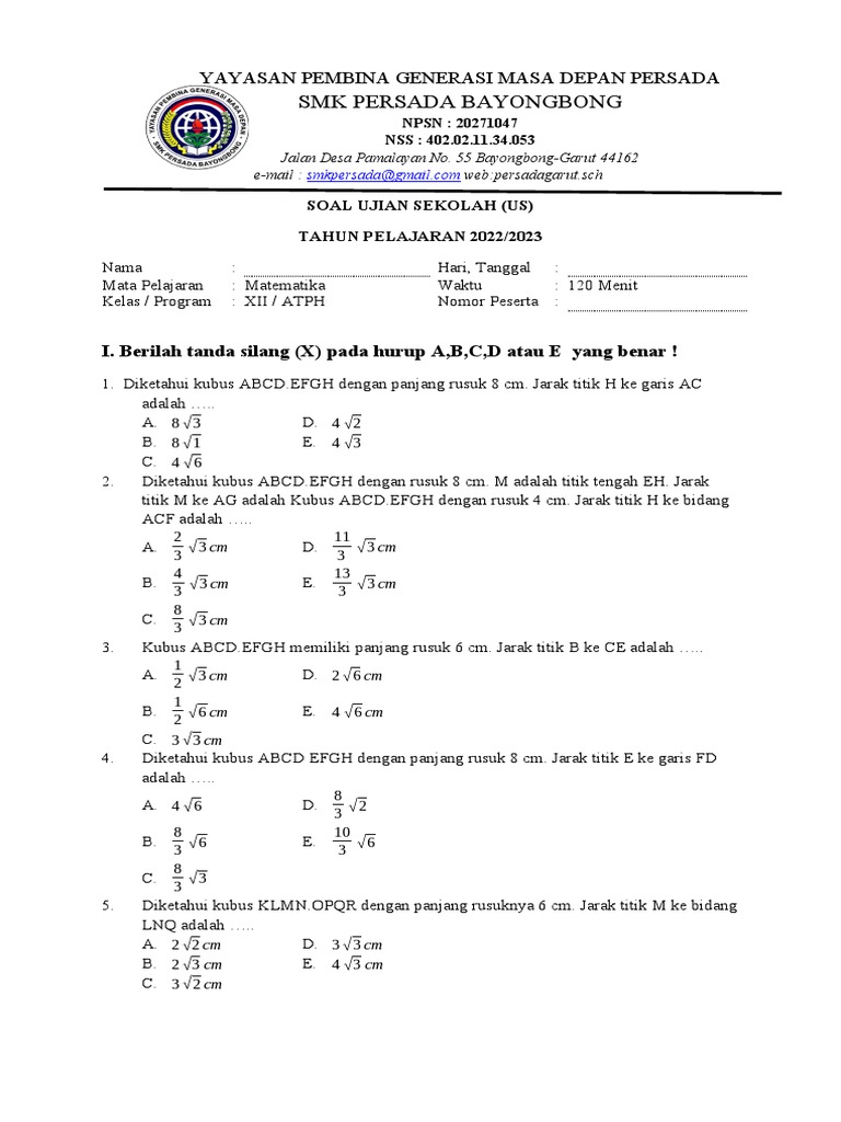 Soal Us Matematika Kls Xii Sem 2 | PDF