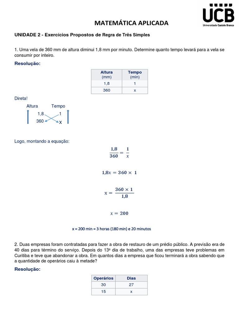 Gabarito - Atividades - Regra de Três Simples - U2 | PDF | Tempo