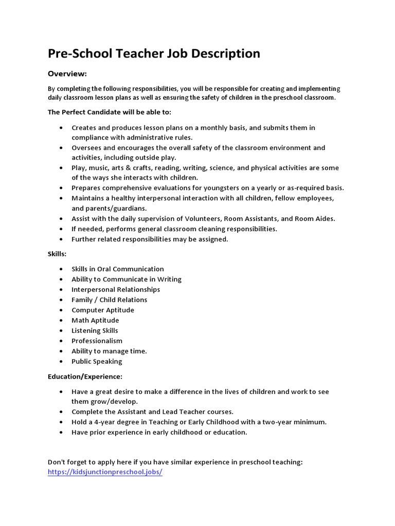 Preschool Teacher Job Responsibilities | PDF