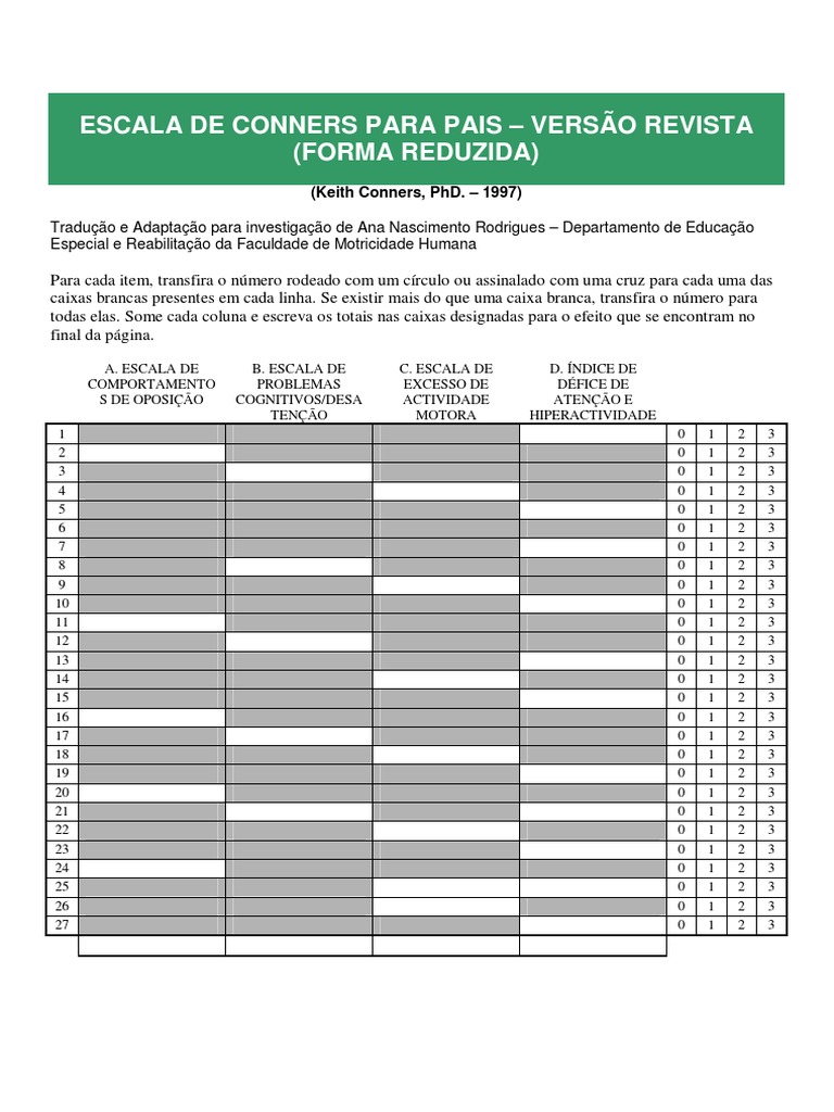 Escala de Conners para Pais - Versão Revista (Forma Reduzida) | PDF
