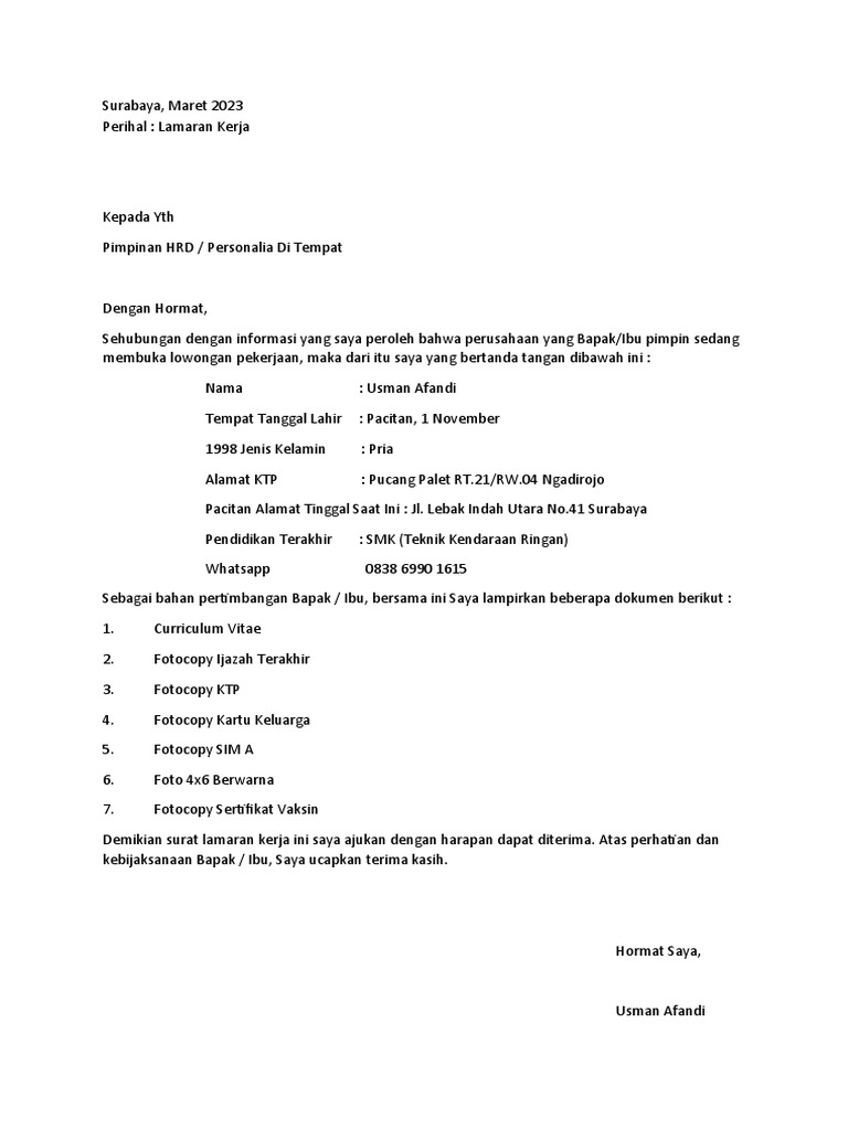 Lamaran Kerja Usman Afandi 3 | PDF