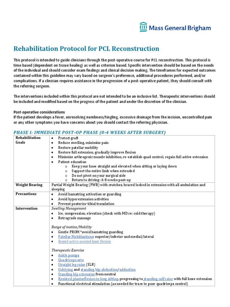 Rehabilitation Protocol For Posterior Cruciate Ligament PCLR | PDF ...