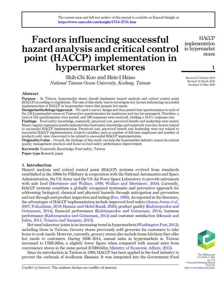 Factors Influencing Successful Hazard Analysis and Critical Control Point (HACCP) Implementation ...