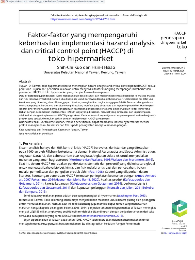 Jurnal - Factors Influencing Successful Hazard Analysis and Critical Control Point (HACCP ...