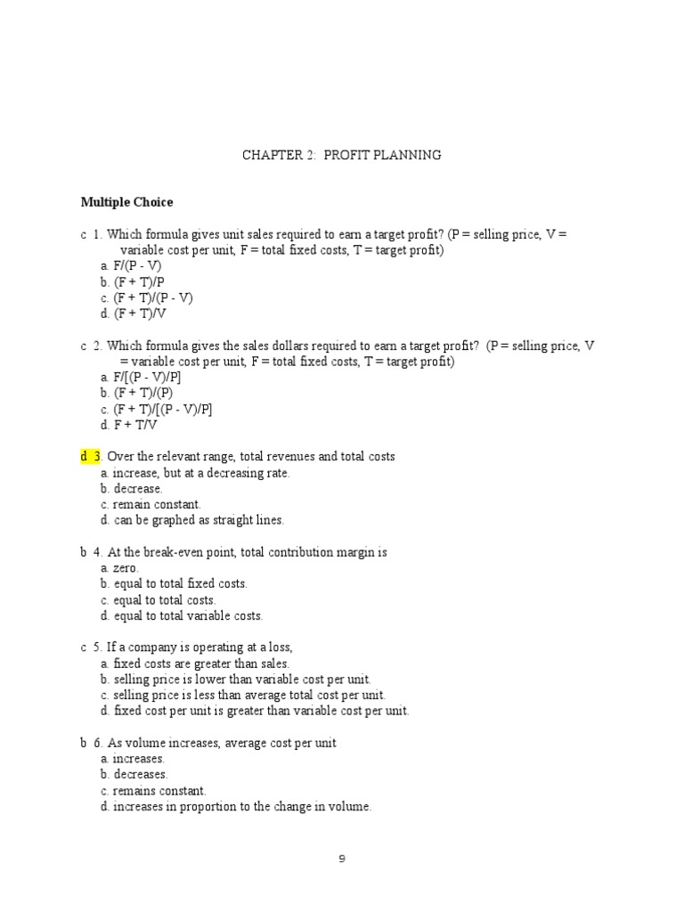 Profit Planning Formulas and Analysis | PDF | Economies | Accounting