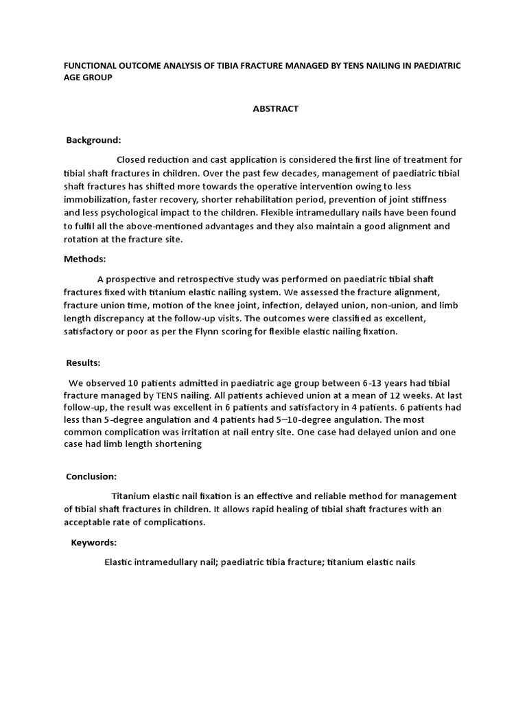 Functional Outcome Analysis of Tibia Fracture Managed by Tens Nailing ...