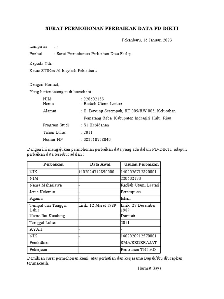 PERMOHONAN PERBAIKAN DATA PD-DIKTI | PDF