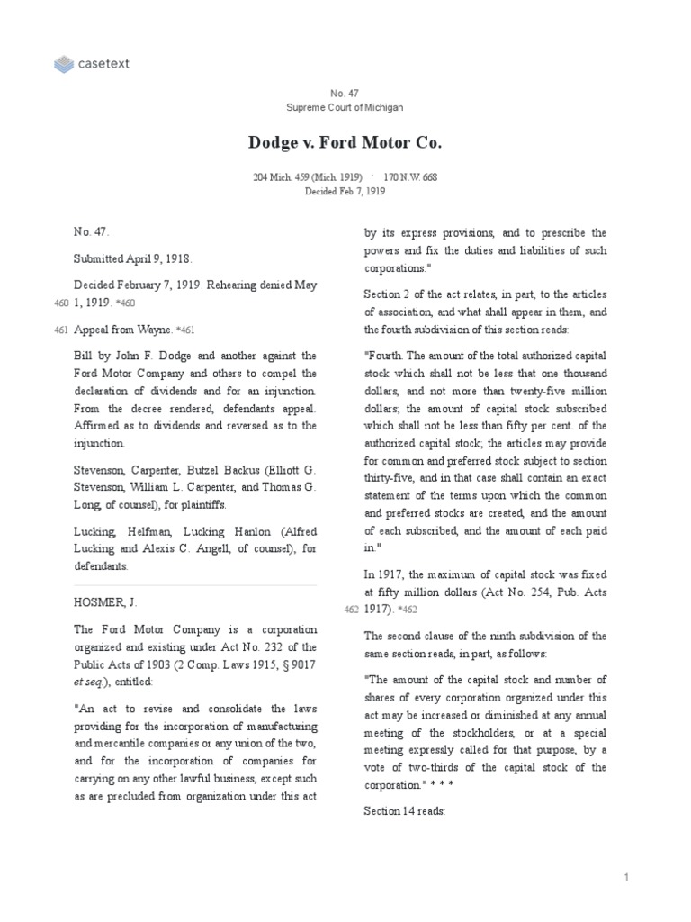 Dodge v. Ford Motor Co | PDF | Dividend | Private Law