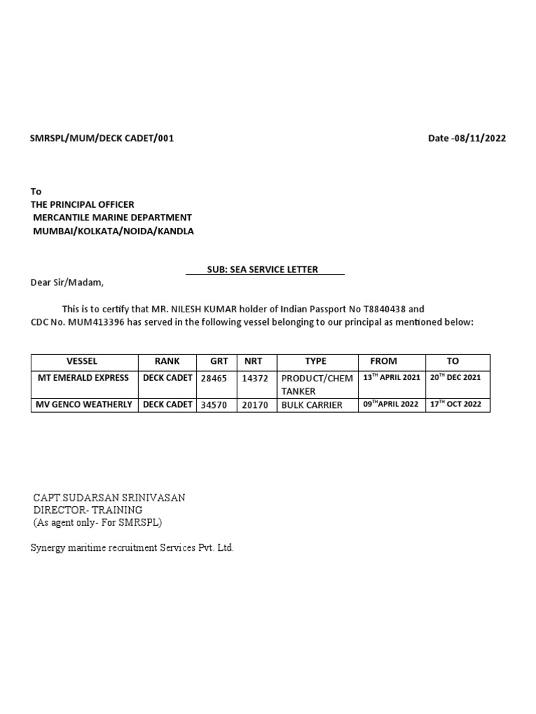 Sea Service Letter for Deck Cadet | PDF