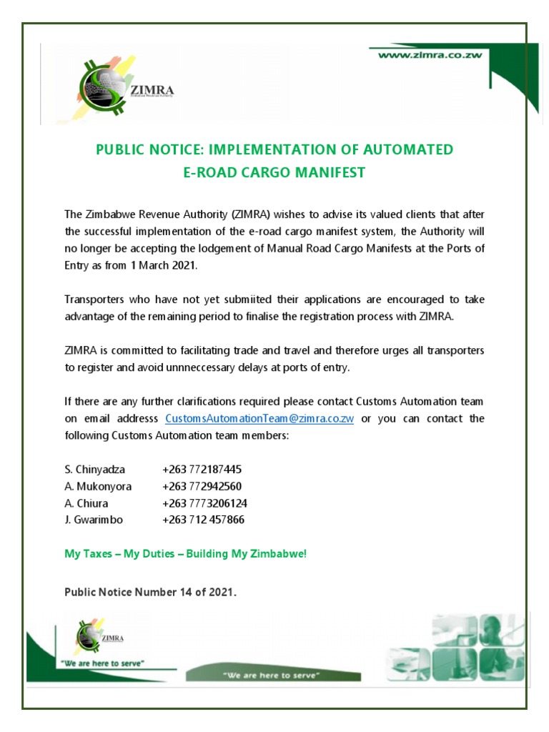 ZIMRA E-Road Cargo Manifest Update | PDF