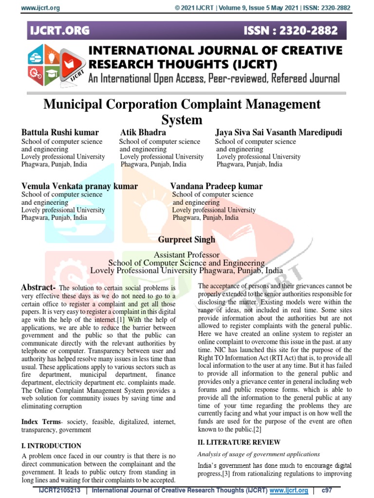 Municipal Corporation Complaint Management System | PDF | User ...