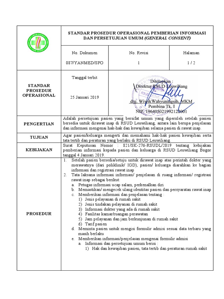 1.2 Standar Prosedur Operasional Pemberian Informasi Dan Persetujuan Umum (General Consent ...