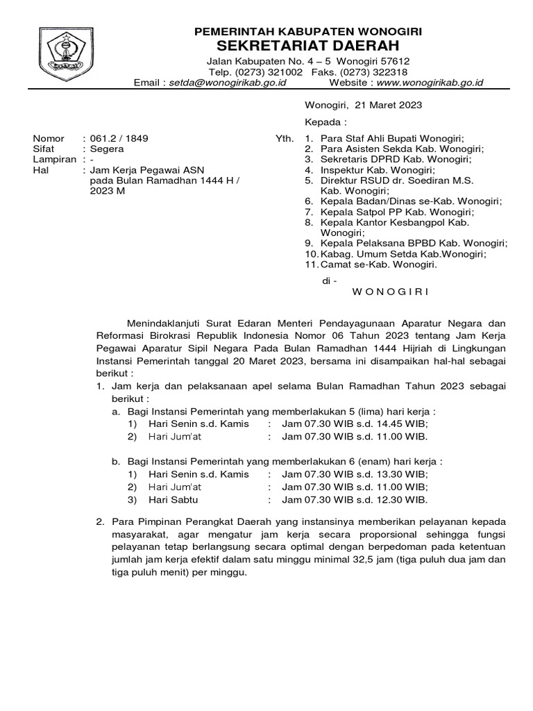 Jam Kerja Bulan Ramadhan 1444 H - 2023 M | PDF