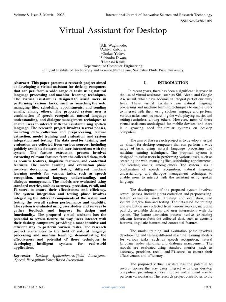 Virtual Assistant For Desktop | PDF | Usability | Machine Learning