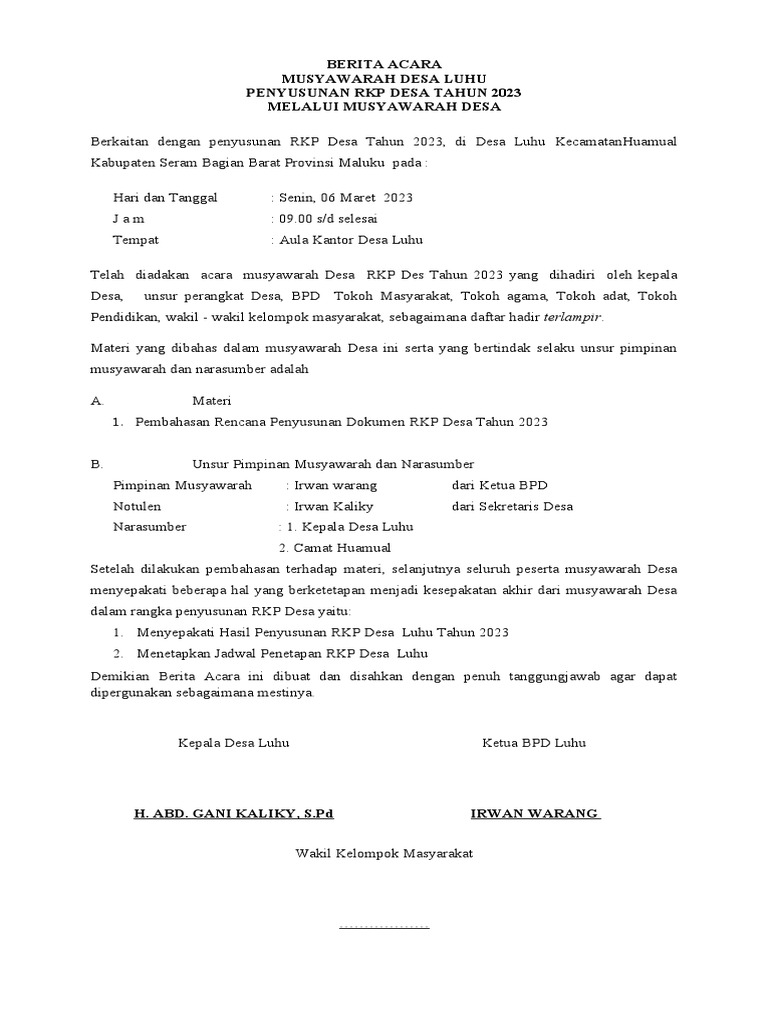 Musyawarah Desa Luhu RKP 2023 | PDF