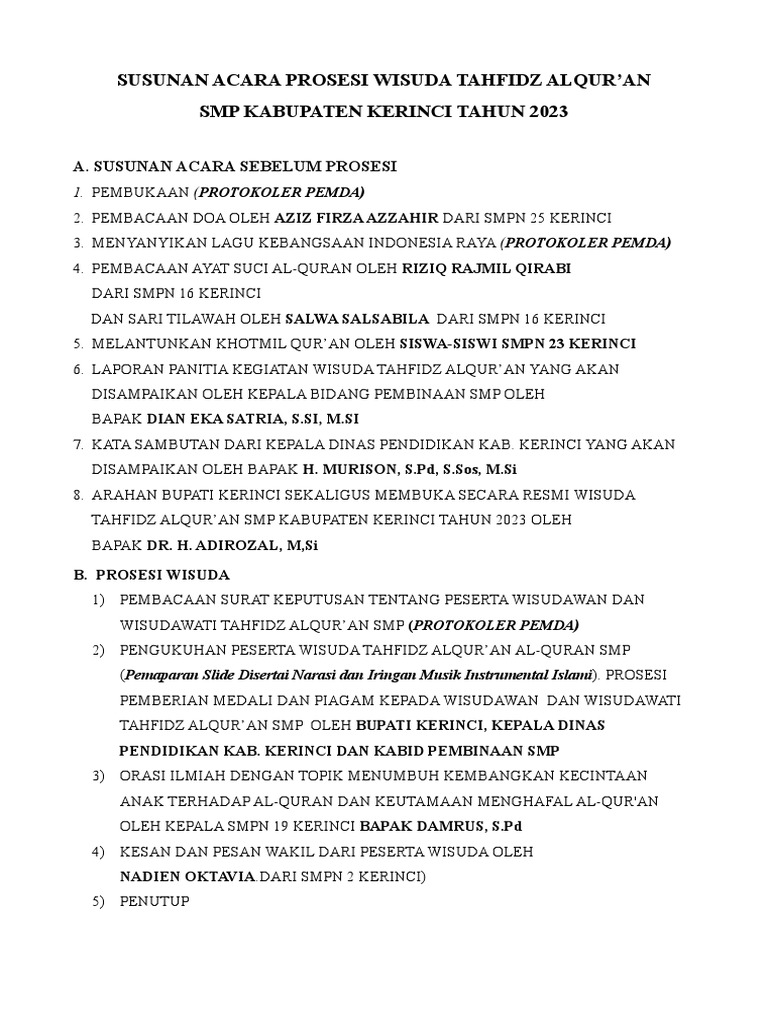 Susunan Acara Tahfidz Alqur'an SMP Ok | PDF