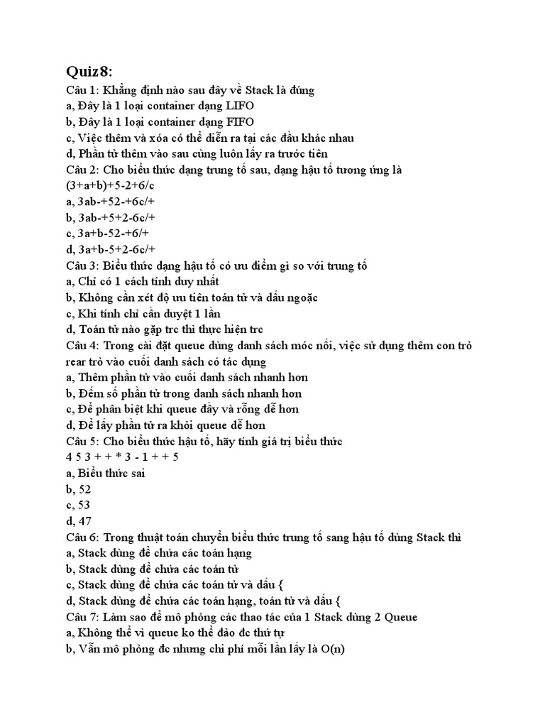 Trắc nghiệm CTDL&TT | PDF