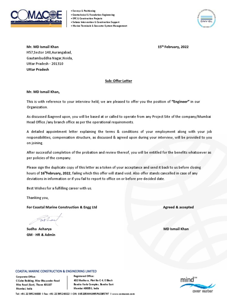 An Offer Letter for the Position of Engineer at Coastal Marine ...