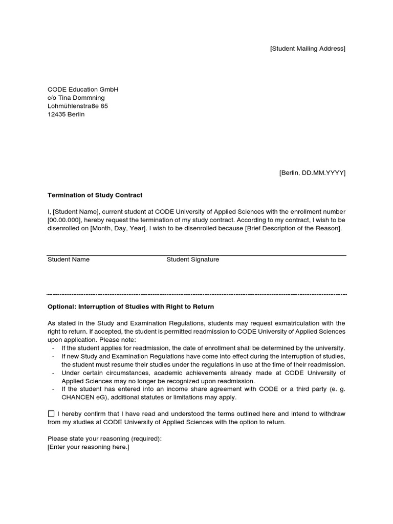 Your - Name - Termination of Study Contract With Right To Return ...