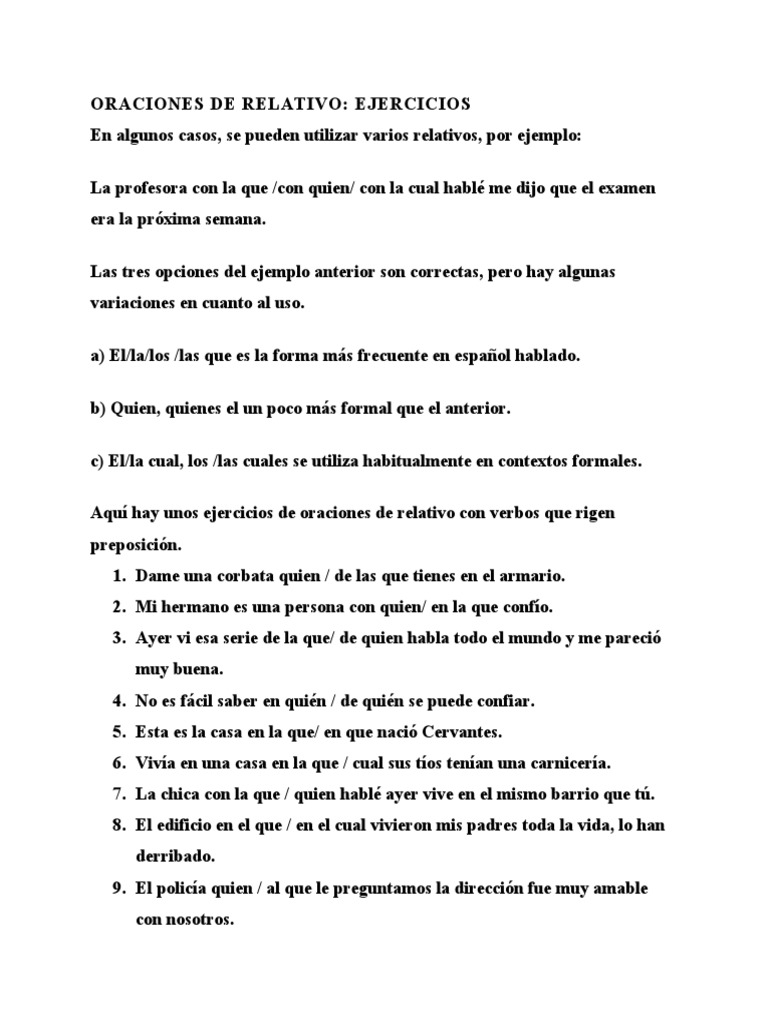 Hoja De Trabajo De Oraciones Relativas Lengua Castellana Y Literatura